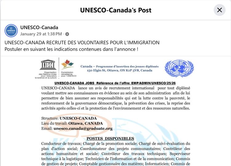 Attention à cette fausse annonce de recrutement massif à l’UNESCO ...
